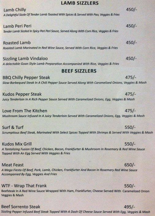 Menu at Kudos, Reis Magos, Chogm Road