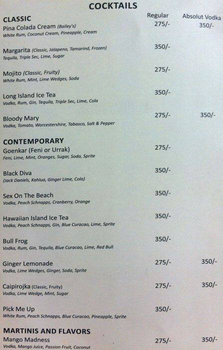 Menu at Kudos, Reis Magos, Chogm Road