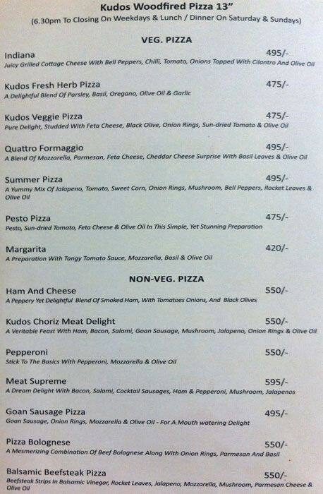 Menu at Kudos, Reis Magos, Chogm Road