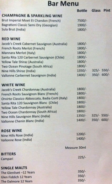 Menu at Kudos, Reis Magos, Chogm Road