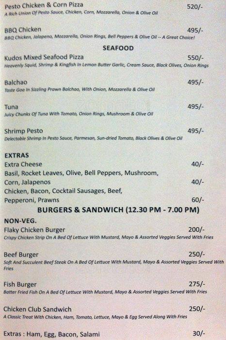 Menu at Kudos, Reis Magos, Chogm Road