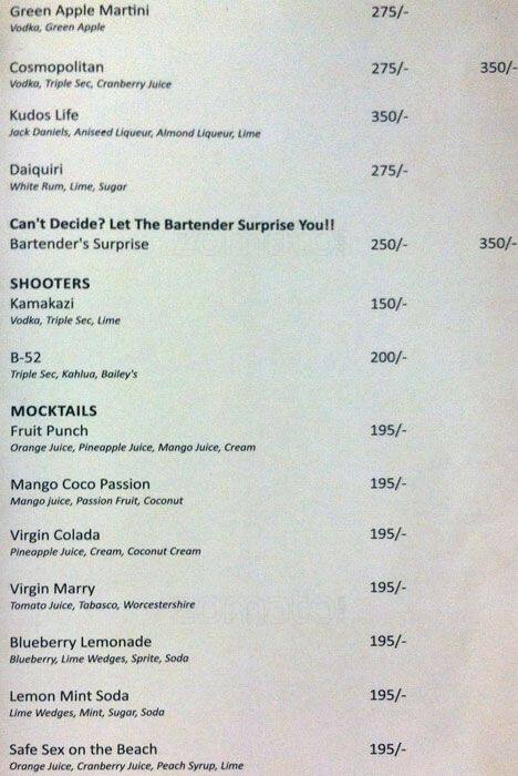 Menu at Kudos, Reis Magos, Chogm Road