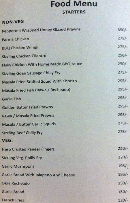 Menu at Kudos, Reis Magos, Chogm Road