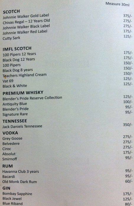 Menu at Kudos, Reis Magos, Chogm Road