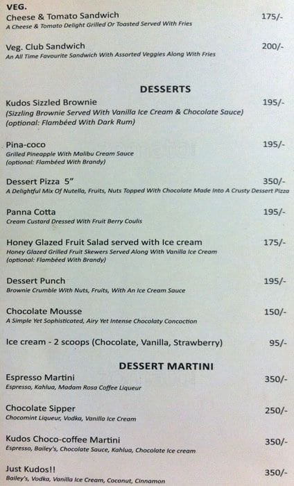 Menu at Kudos, Reis Magos, Chogm Road