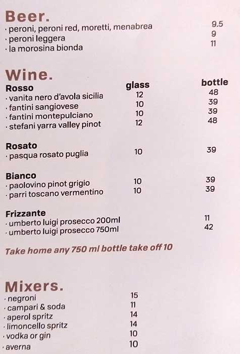 Menu at enoteca tre bicchieri pub & bar, Carlton North