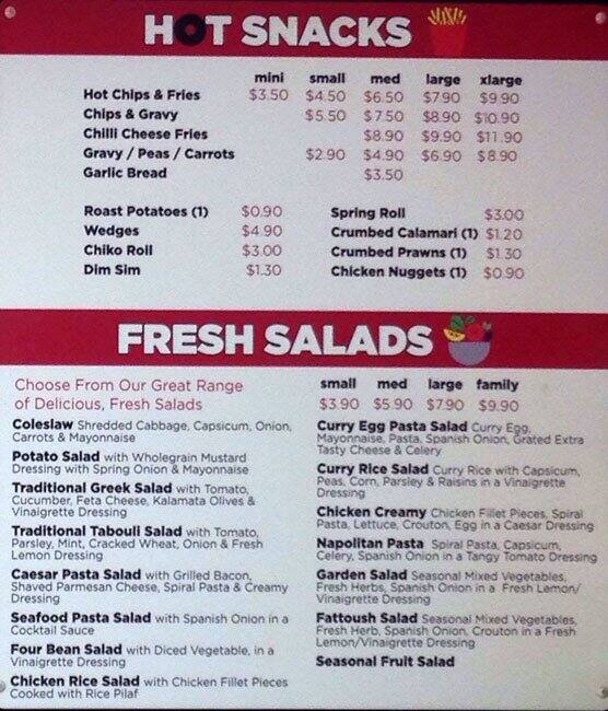 Menu at Mojo's fast food, Glenelg East