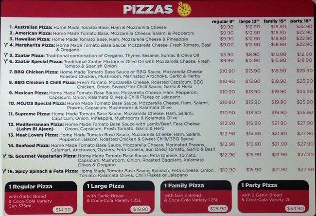 Menu at Mojo's fast food, Glenelg East