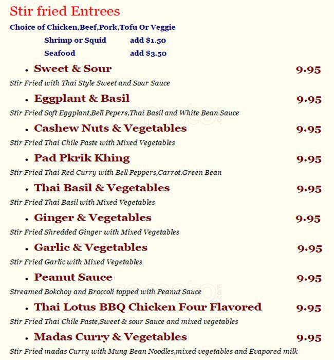 Menu at Thai Lotus Restaurant, Greenwood Village