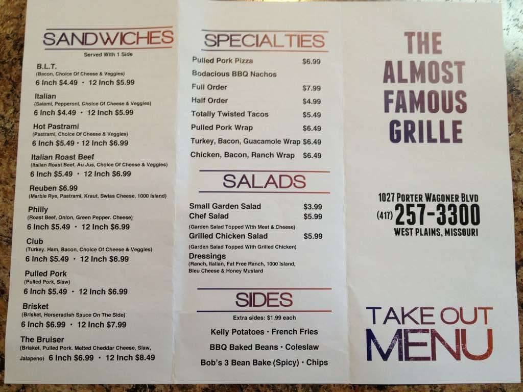 Menu at The Almost Famous Grille BBQ, West Plains