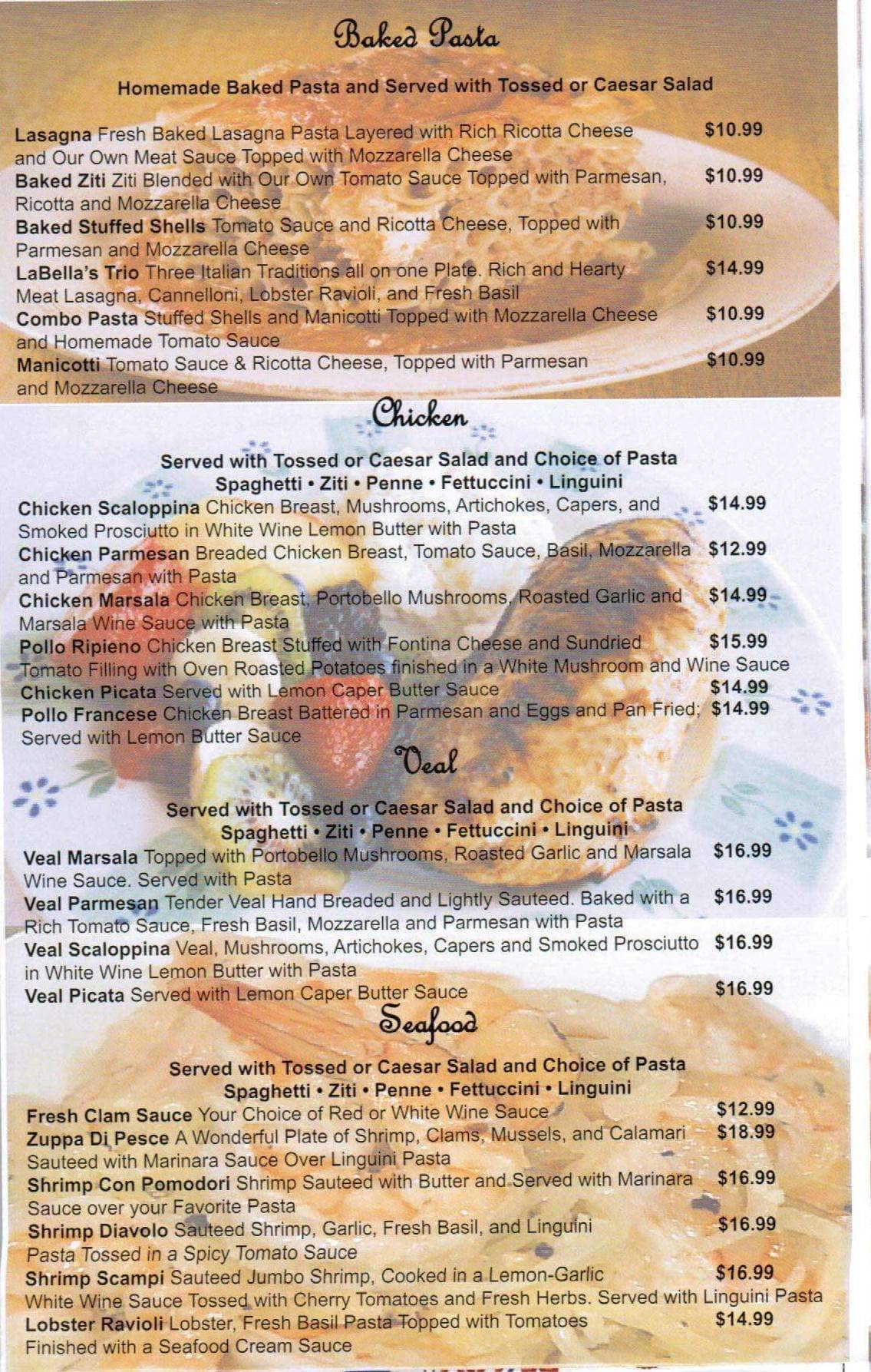 Menu at La Bella Italia pizzeria, Gettysburg