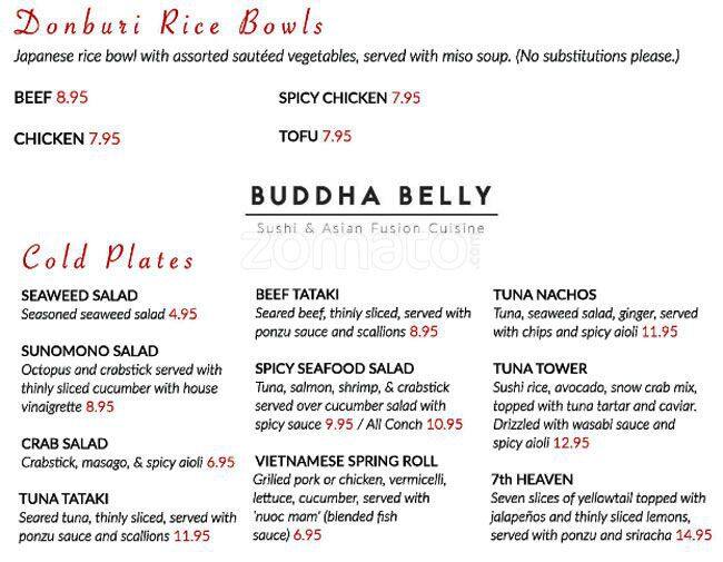Menu at Buddha Belly Sushi restaurant, Frisco