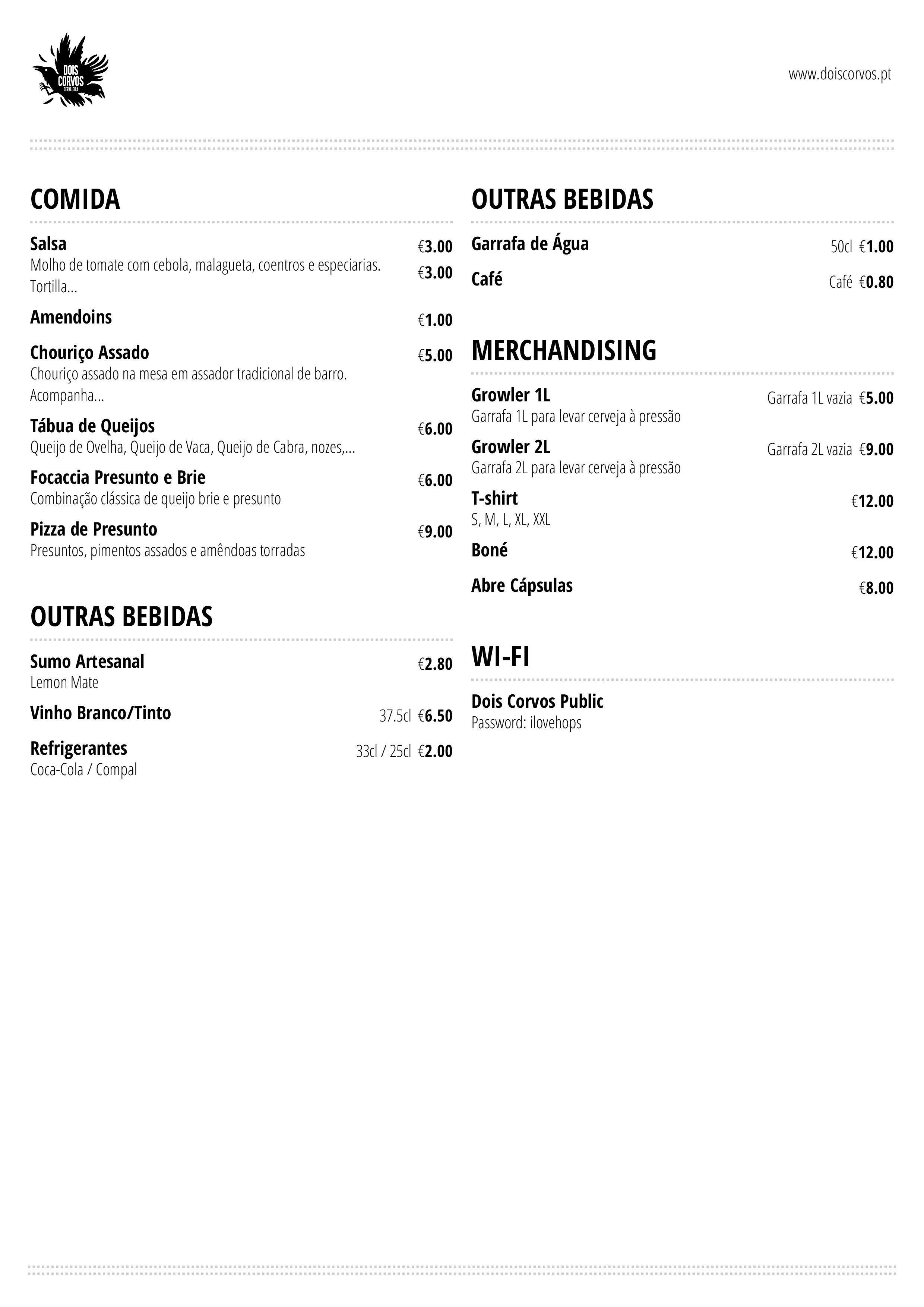 Menu at Dois Corvos - Taproom pub & bar, Lisbon