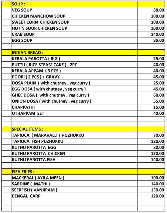 Menu of Seafood Restaurant, Town Hall, Coimbatore