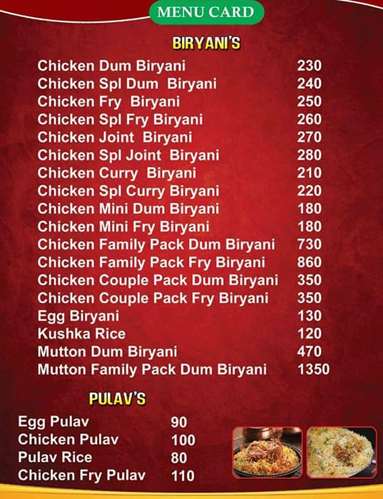 Menu at Bismillaha biryani point, Vijayawada