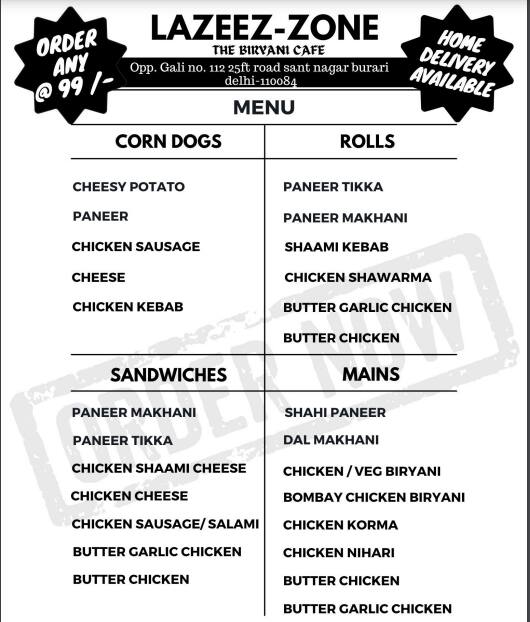 Menu of Lazeez-Zone, Burari, New Delhi