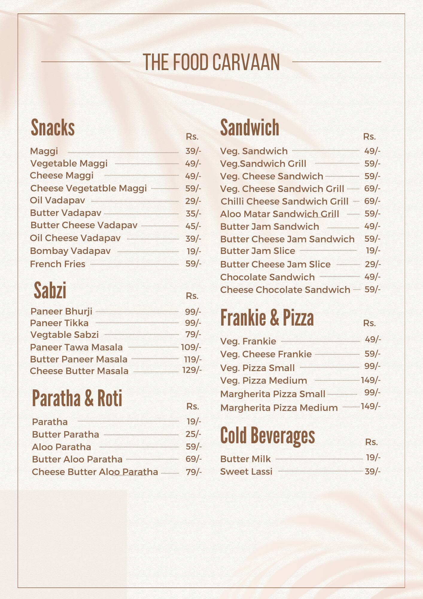 Menu of The Food Caravan, Satellite, Ahmedabad