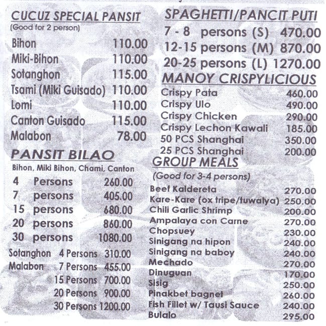Menu at Manoy & Cucuz Panciteria restaurant, Makati