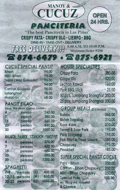Menu at Manoy and Cucuz Panciteria restaurant, Las Pinas, FX2H+6V2