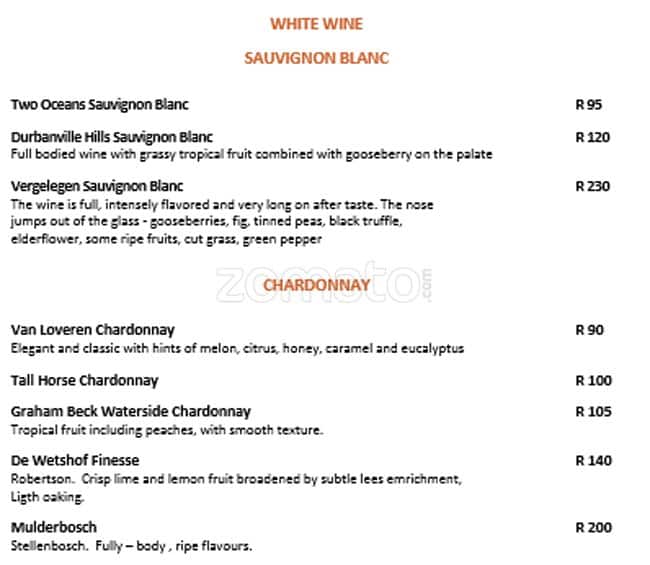 Carta de Twist Restaurant, Johannesburgo