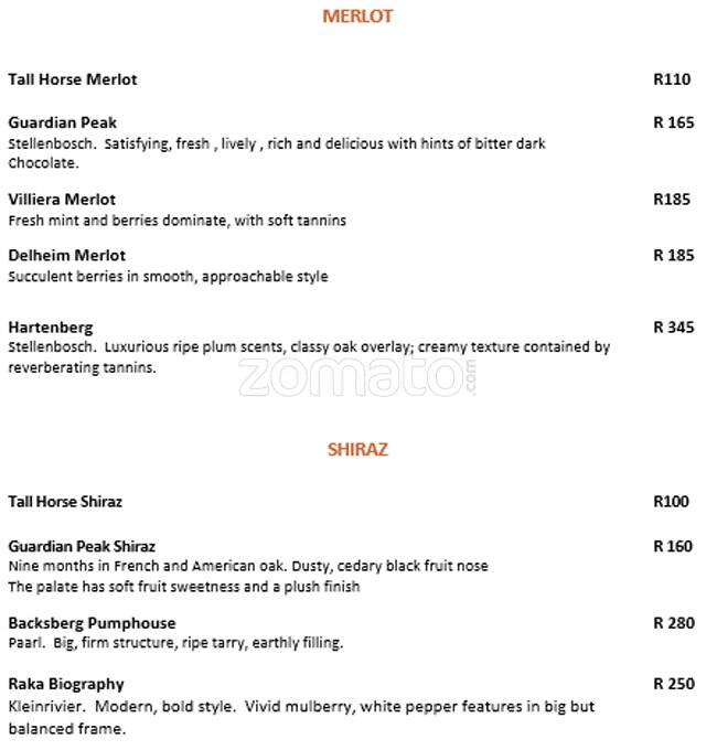 Menu at Twist Restaurant, Johannesburg