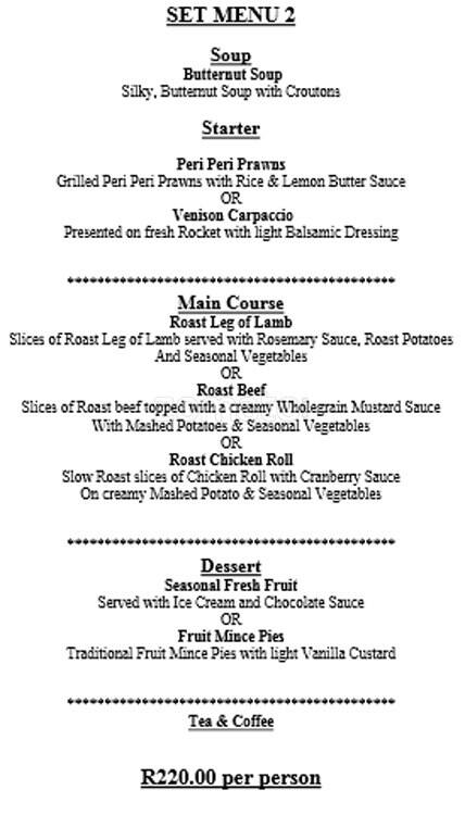 Carta de Twist Restaurant, Johannesburgo