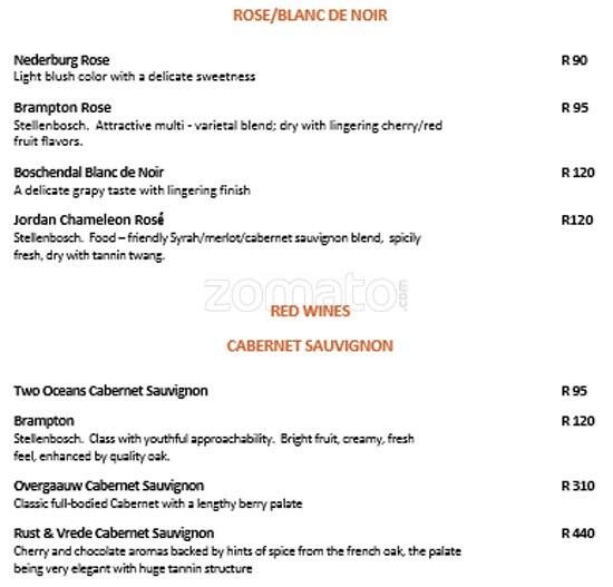 Menu at Twist Restaurant, Johannesburg