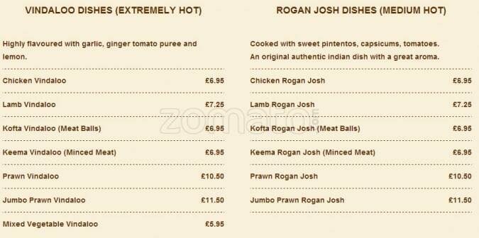 Menu at Ashoka restaurant, Manchester