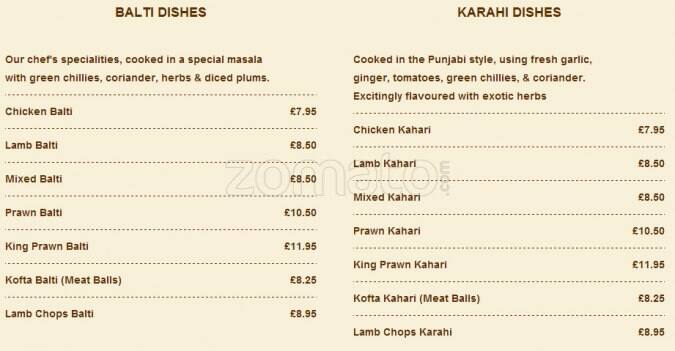 Menu at Ashoka restaurant, Manchester