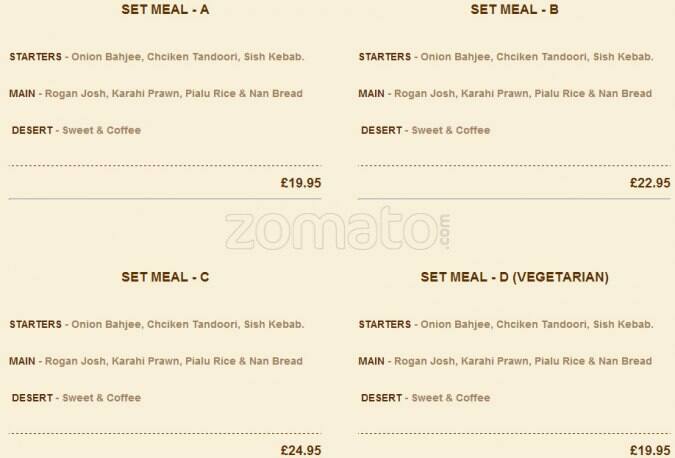 Menu at Ashoka restaurant, Manchester