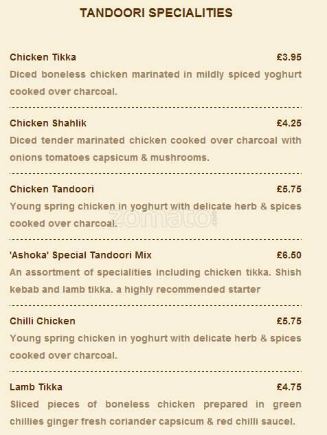 Menu at Ashoka restaurant, Manchester
