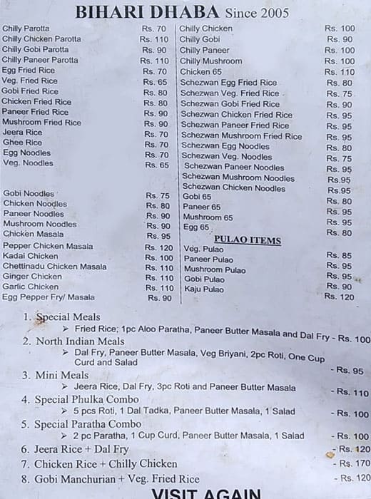 Menu at Bihari Dhaba, Chennai