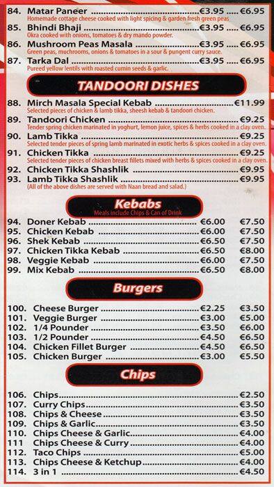 Menu at Mirch Masala restaurant, Dublin