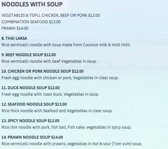 Menu at Thai Noodle Hut restaurant, Gladesville