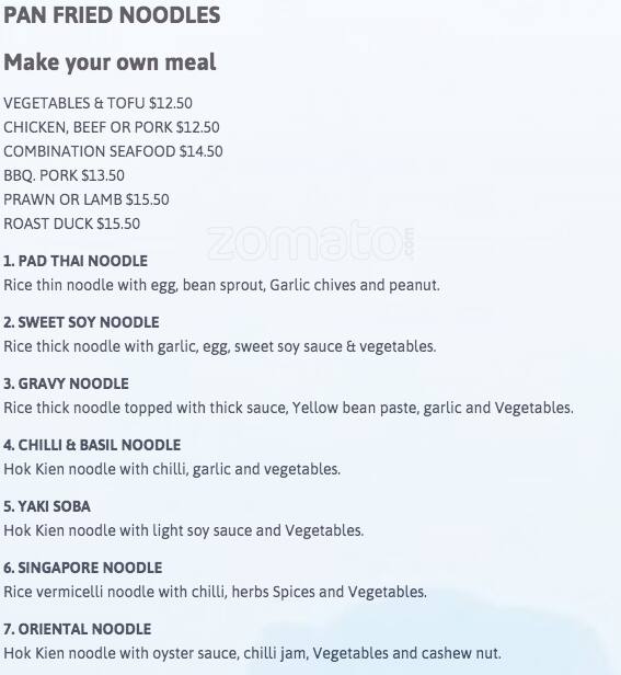Menu at Thai Noodle Hut restaurant, Gladesville
