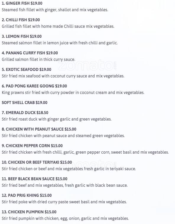 Menu at Thai Noodle Hut restaurant, Gladesville