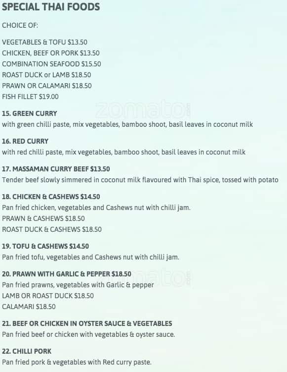 Menu at Thai Noodle Hut restaurant, Gladesville