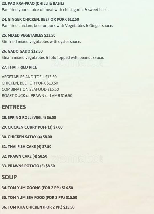 Menu at Thai Noodle Hut restaurant, Gladesville