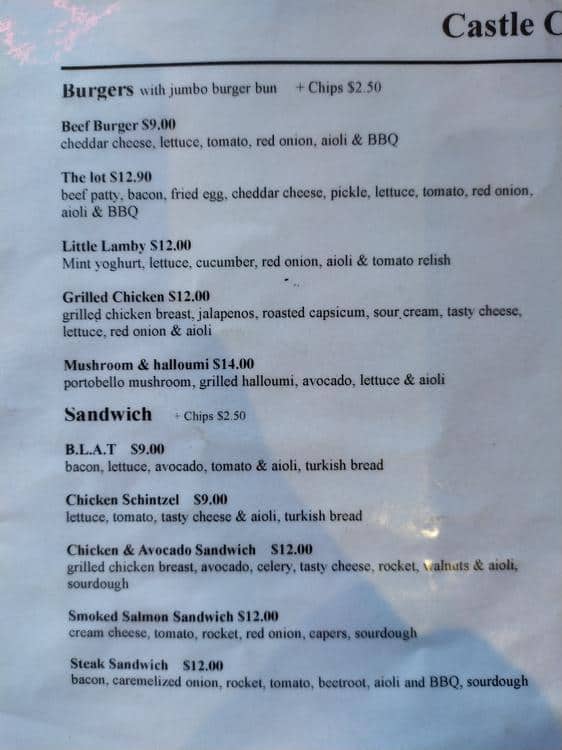 Menu at Castle Cove Cafe, Castle Cove