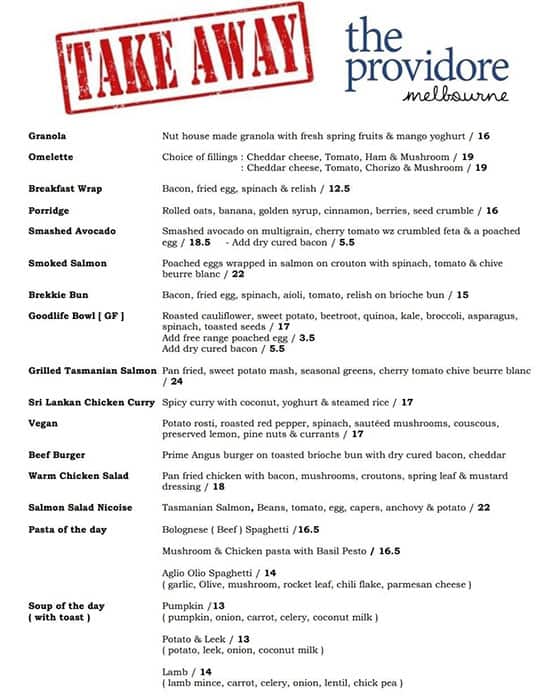 Menu at The Providore Melbourne cafe, Deepdene