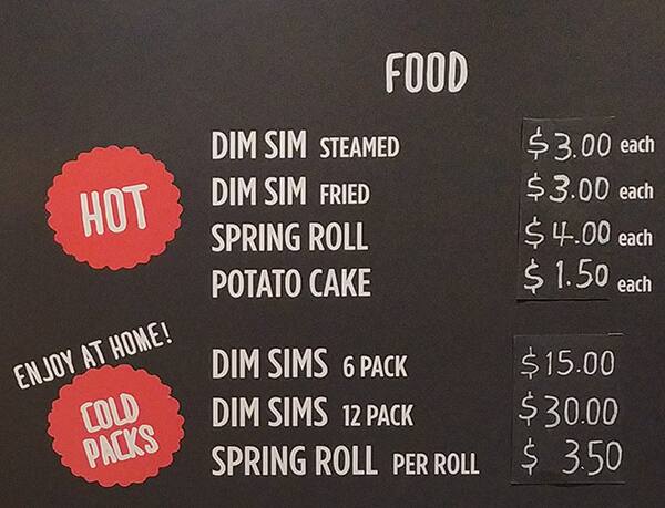 Menu at South Melbourne Dim Sims fast food, Melbourne, 513 Elizabeth St