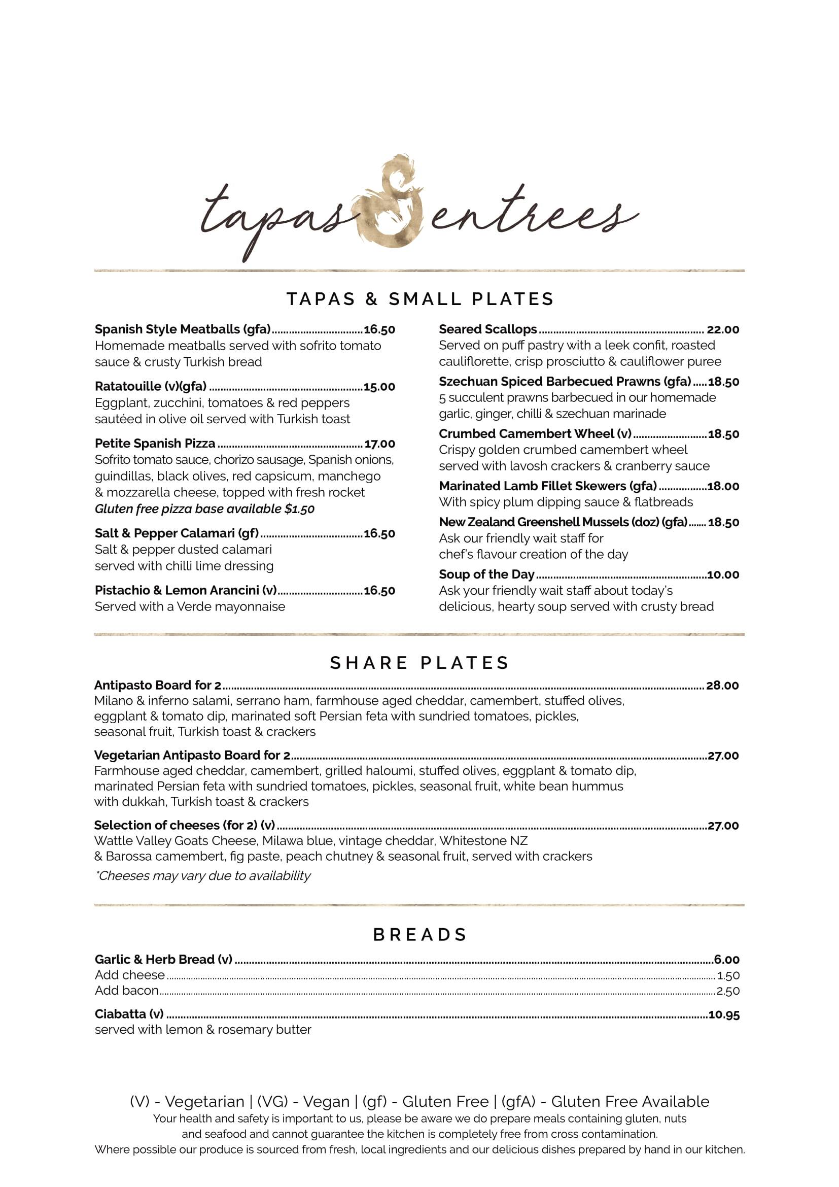 Menu at Elysium restaurant, Victoria Point