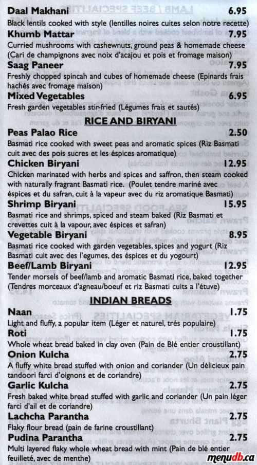 Menu at Taj-Mahal restaurant, Ottawa