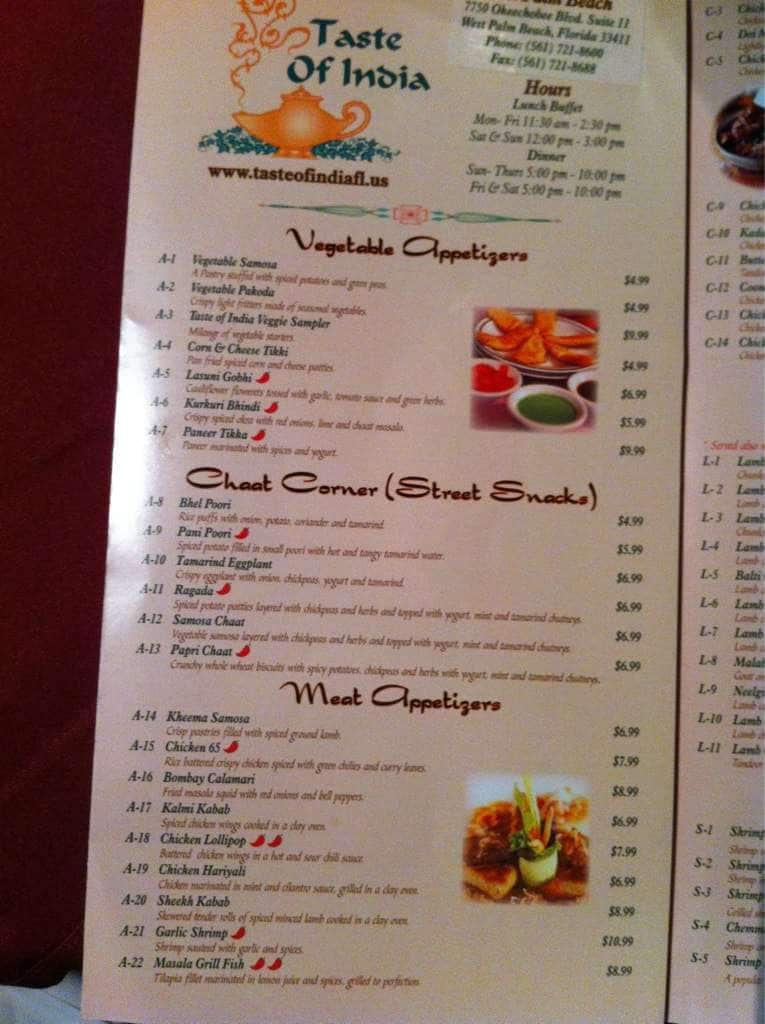 Menu at Taste of India restaurant, West Palm Beach, Okeechobee Blvd #11