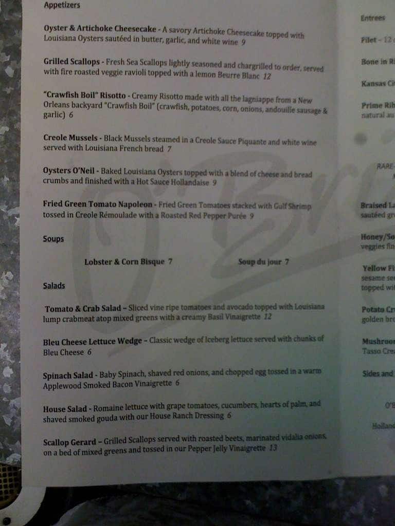 Menu at O'Briens Grille steakhouse, Gretna