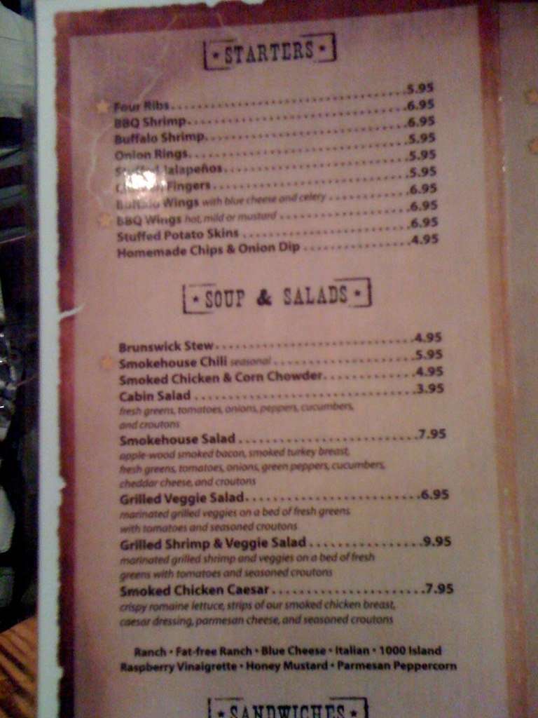 Menu at The Smokehouse restaurant, Hilton Head Island