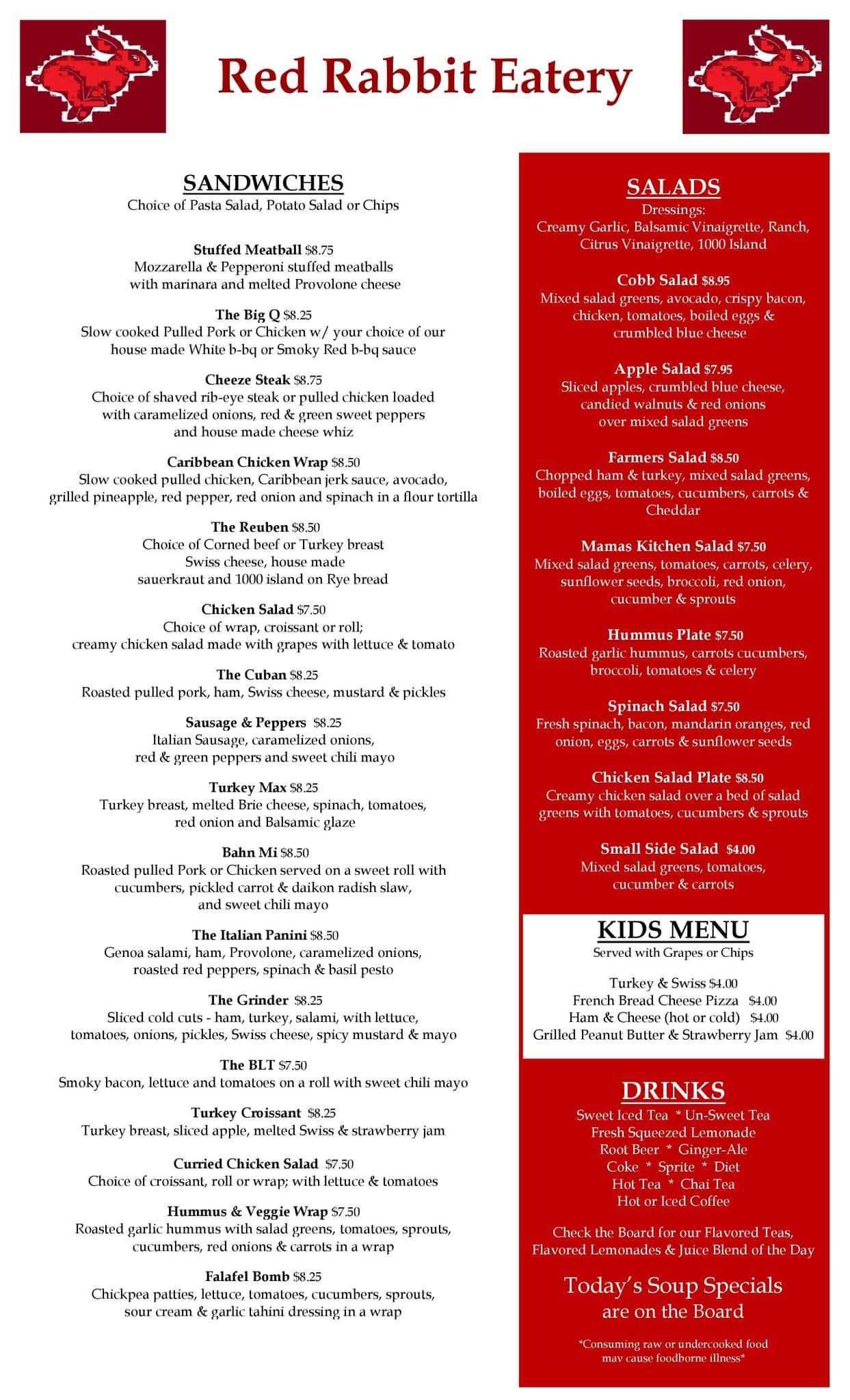 Menu at Red Rabbit Eatery restaurant, Vilano Beach