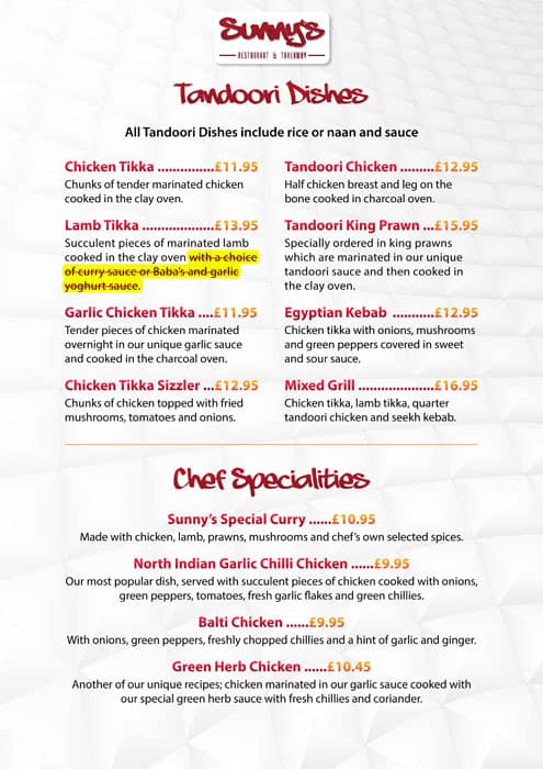 Menu at Sunny's Restaurant, Dundee, 2 Dalgleish Rd