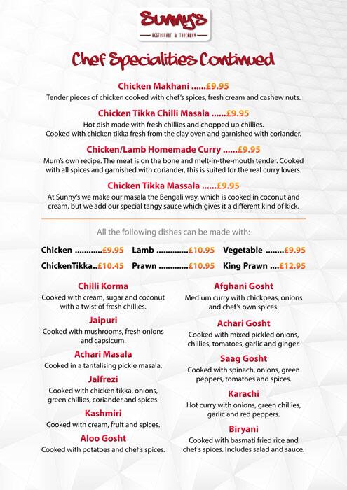 Menu at Sunny's Restaurant, Dundee, 2 Dalgleish Rd
