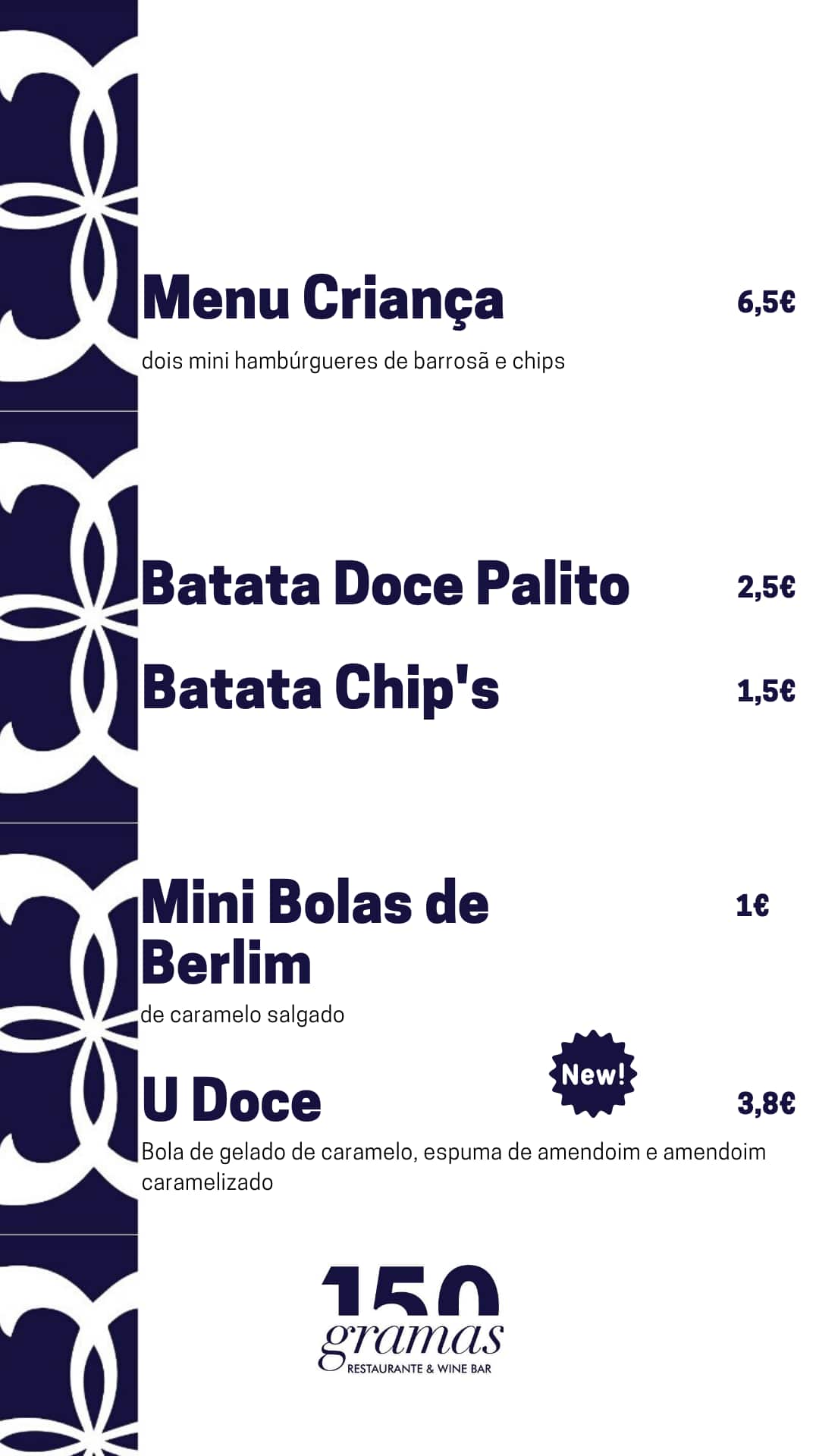 Menu em 150 Gramas pub & Bar, Vila Franca de Xira